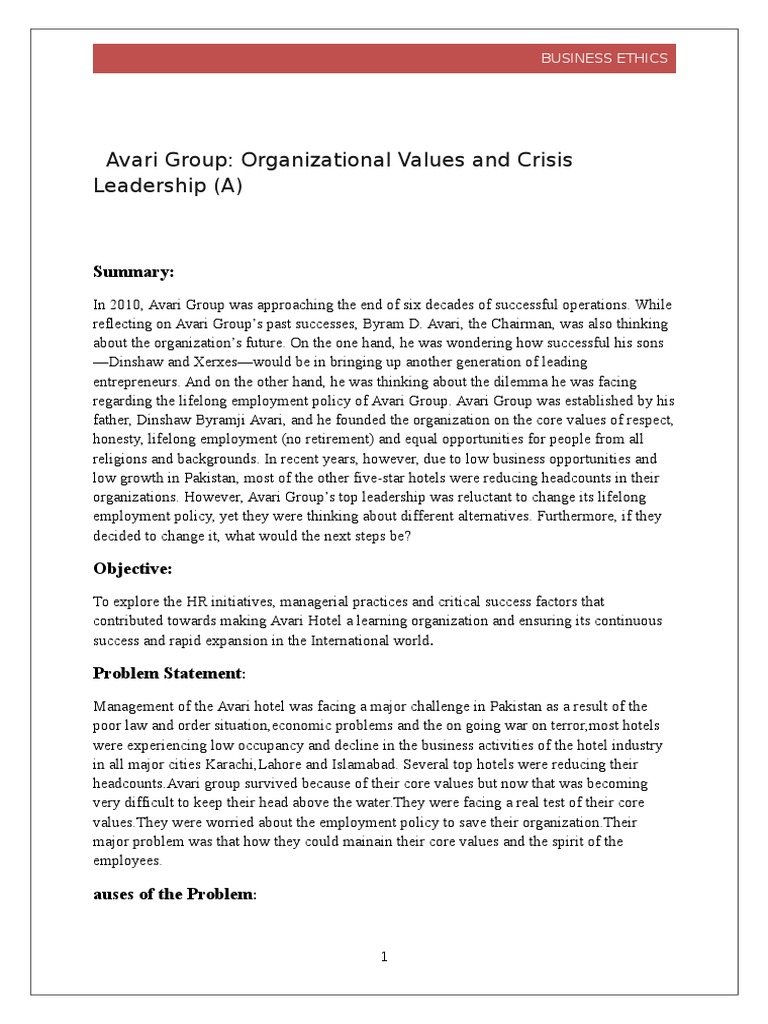 Avari Group: Organizational Values and Crisis Leadership (A) | PDF ...