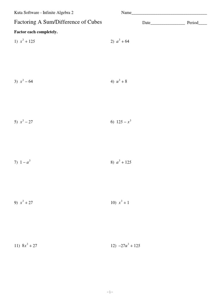 Factoring Sum/Difference of Cubes Worksheet | PDF