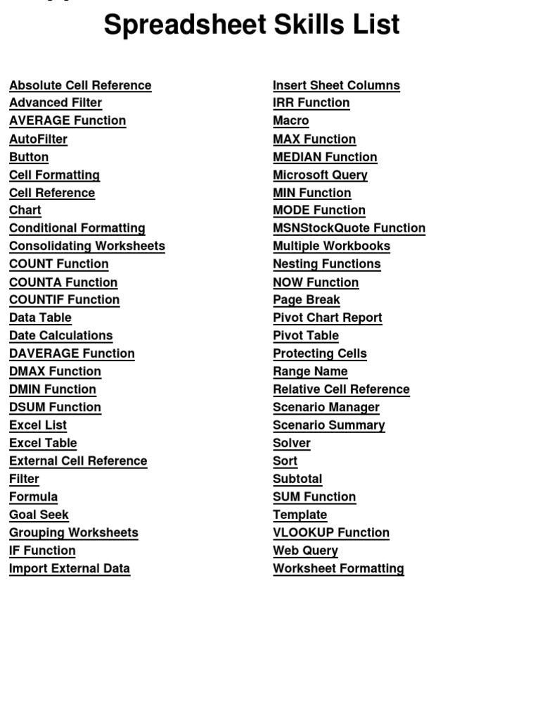 Excel 2007 Spreadsheet Skills List | PDF | Microsoft Excel | Spreadsheet
