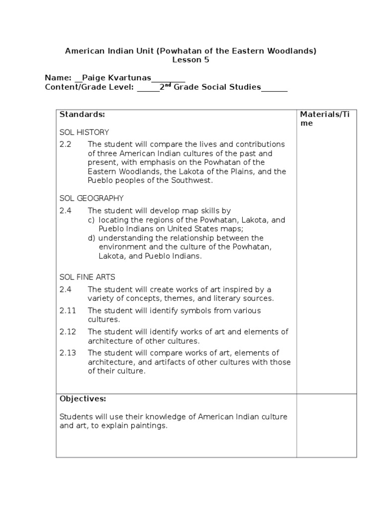 American Indian Unit (Powhatan of The Eastern Woodlands) Lesson 5 Name ...