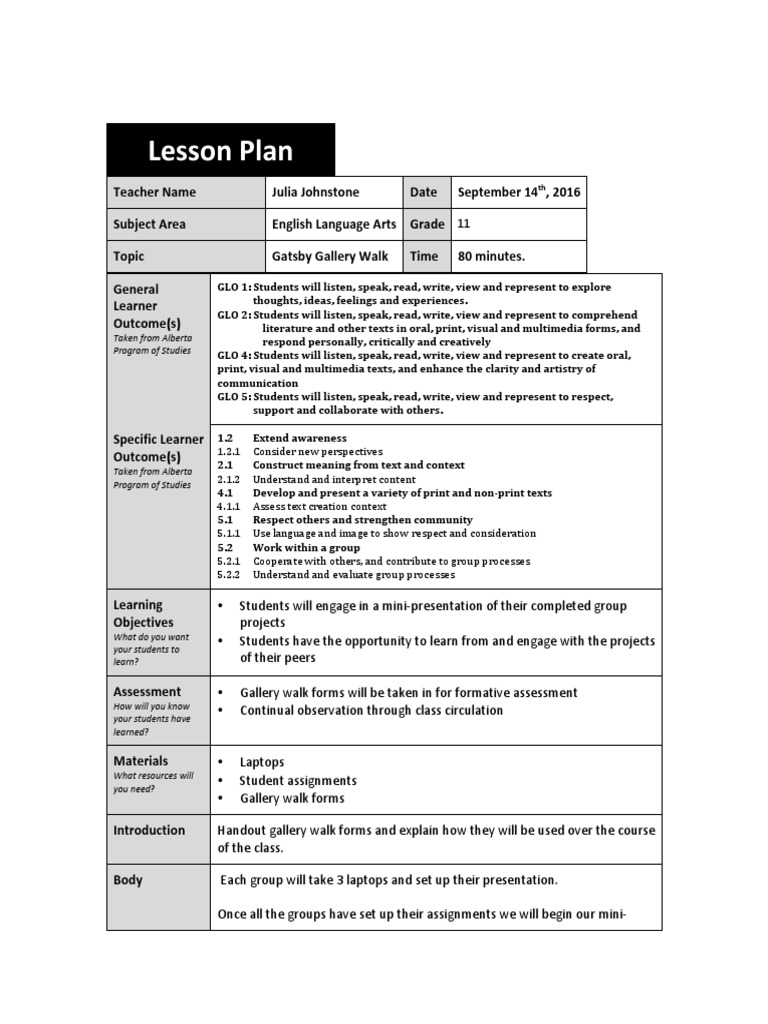 LP - Gallery Walk Gatsby PDF | PDF | Educational Assessment | Epistemology