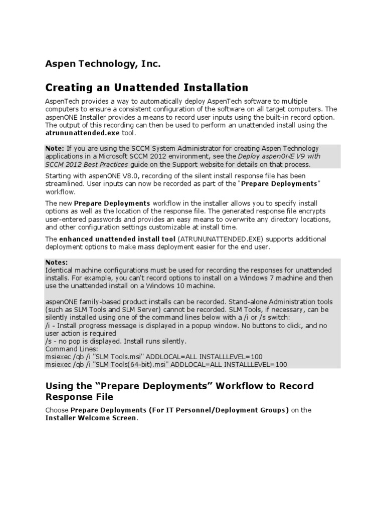 Unattended Installation Guide for AspenTech | PDF | Installation (Computer Programs) | Computer File