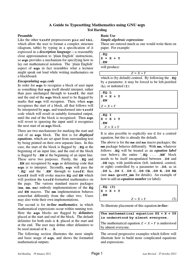 A Guide To Typesetting Mathematics Using GNU Eqn | PDF | C (Programming ...