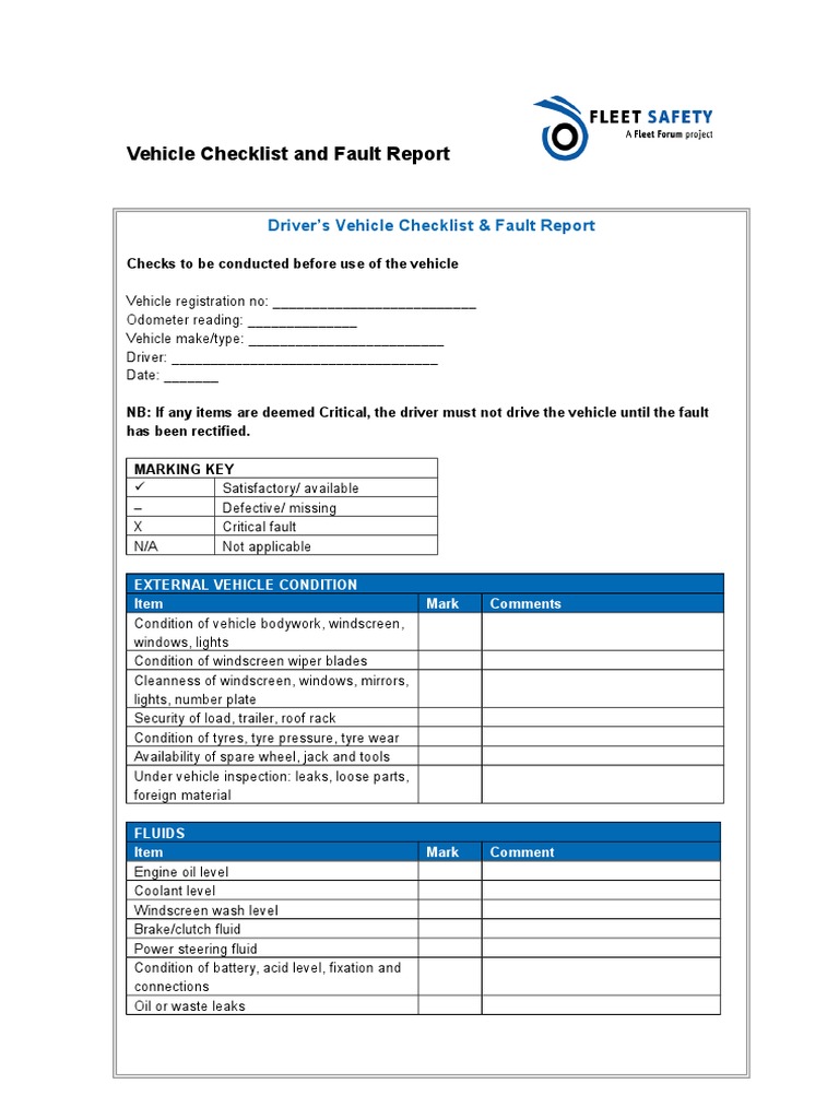 19 Vehicle Checklist & Fault Reporting Form | PDF