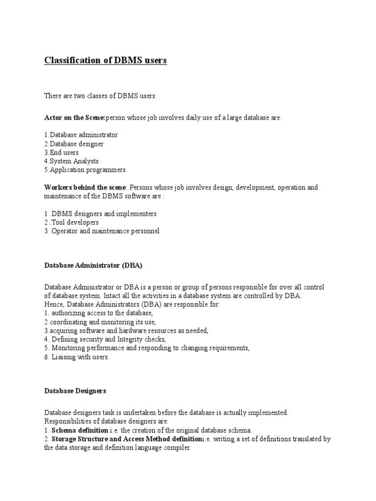 Classification of DBMS Users | PDF | Programmer | Databases