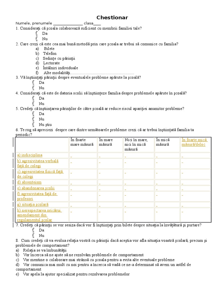 Chestionar Pentru Elevi Relatia Parinte Elev Scoala | PDF