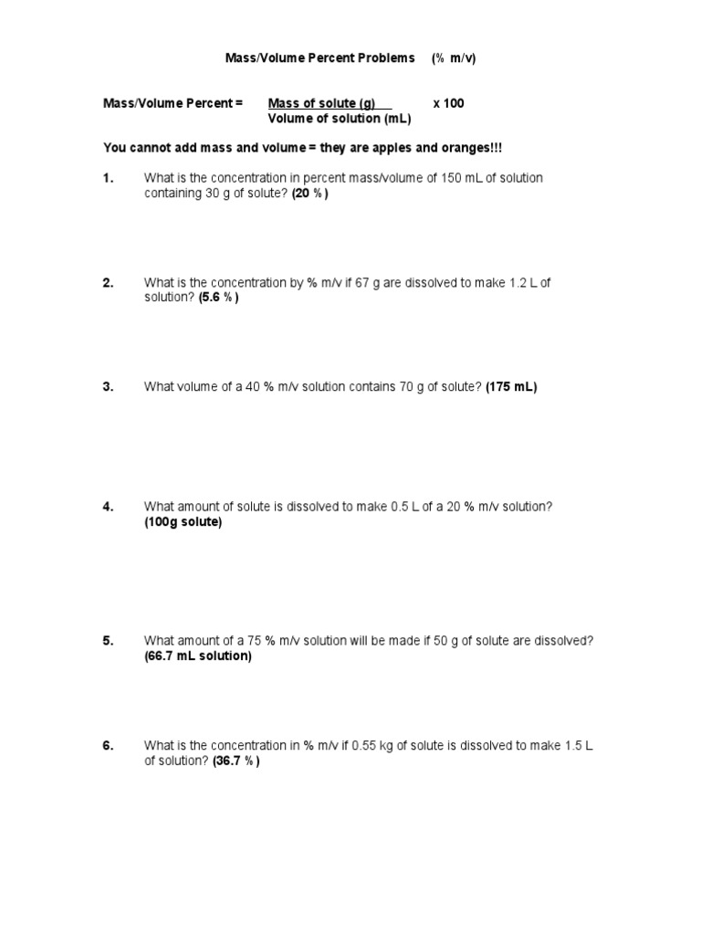Mass Volume Percent Problems | PDF