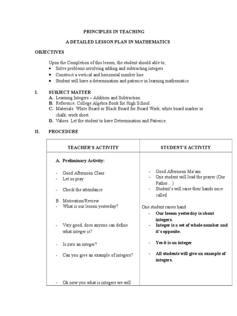 Detailed Math Lesson Plan on Integers | PDF | Lesson Plan | Subtraction