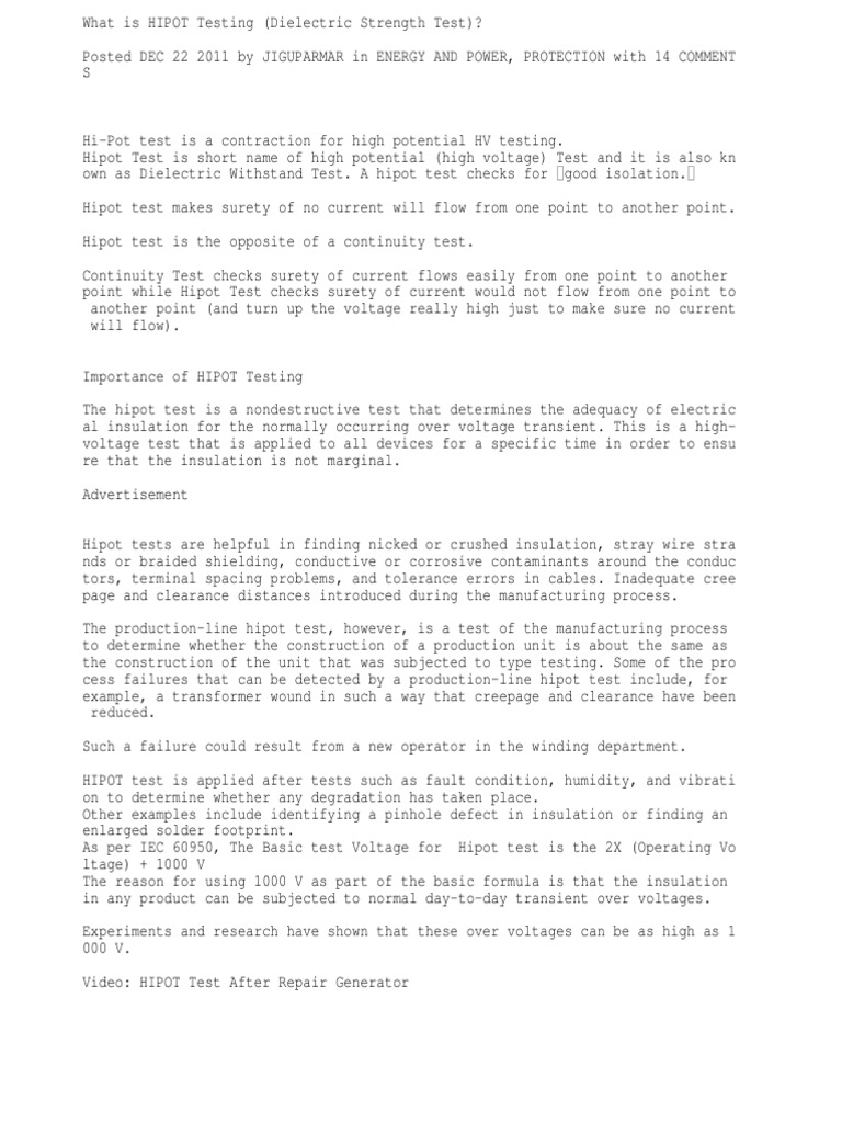 HIPOT Testing (Dielectric Strength Test) | PDF | Capacitor | Insulator ...