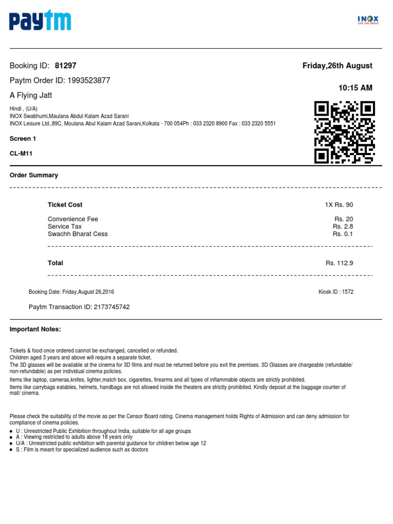 INOX Movie Ticket Receipt for A Flying Jatt | PDF | Games & Activities