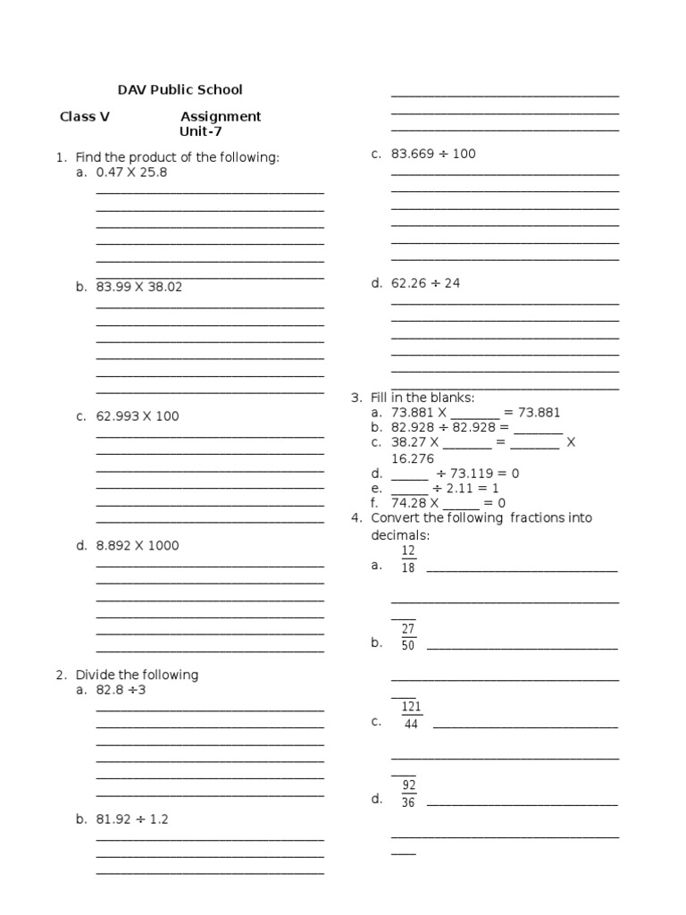 Unit 7 Decimals Multiplication and Division Assignment | PDF