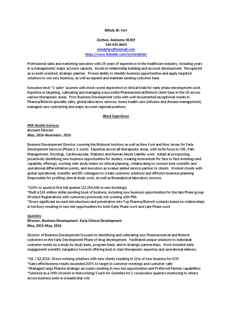 Business Development Director Healthcare in Southeast USA Resume Mindy ...