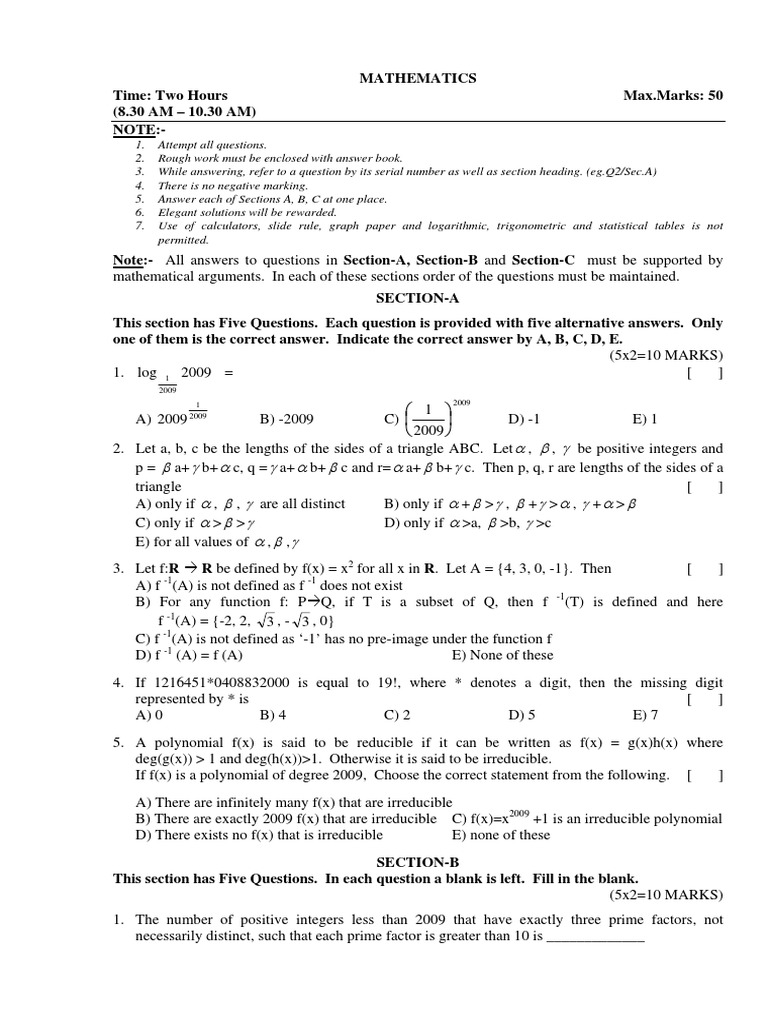 IIT Ramaiah SAT Test 2009 Maths Question Paper | Triangle | Logarithm