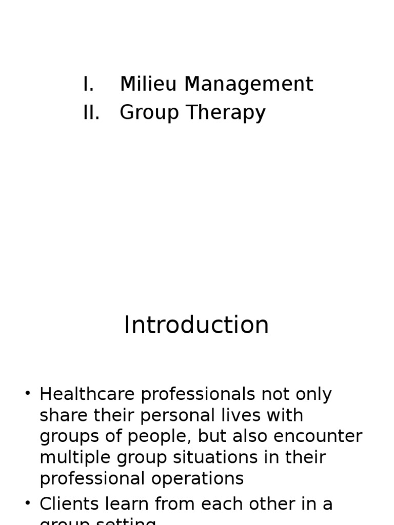 Milieu MGT & Group Therapy | PDF | Leadership | Psychotherapy