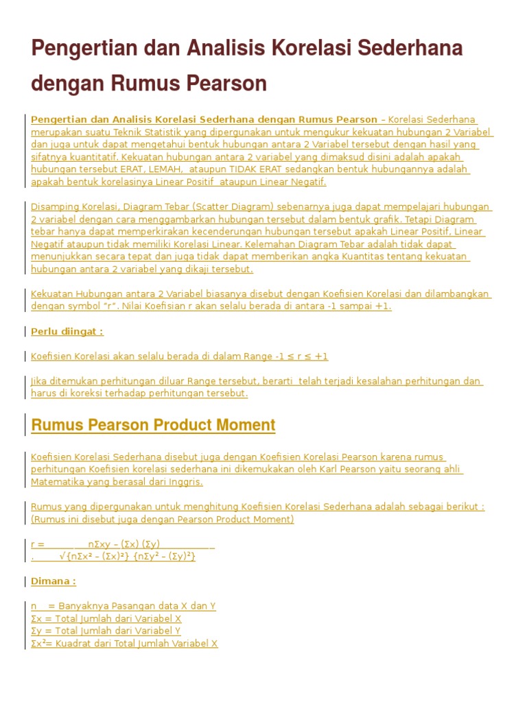 Pengertian Dan Analisis Korelasi Sederhana Dengan Rumus Pearson | PDF