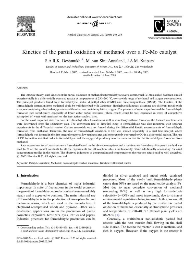 Kinetics of The Partial Oxidation of Methanol | PDF | Chemical Kinetics ...