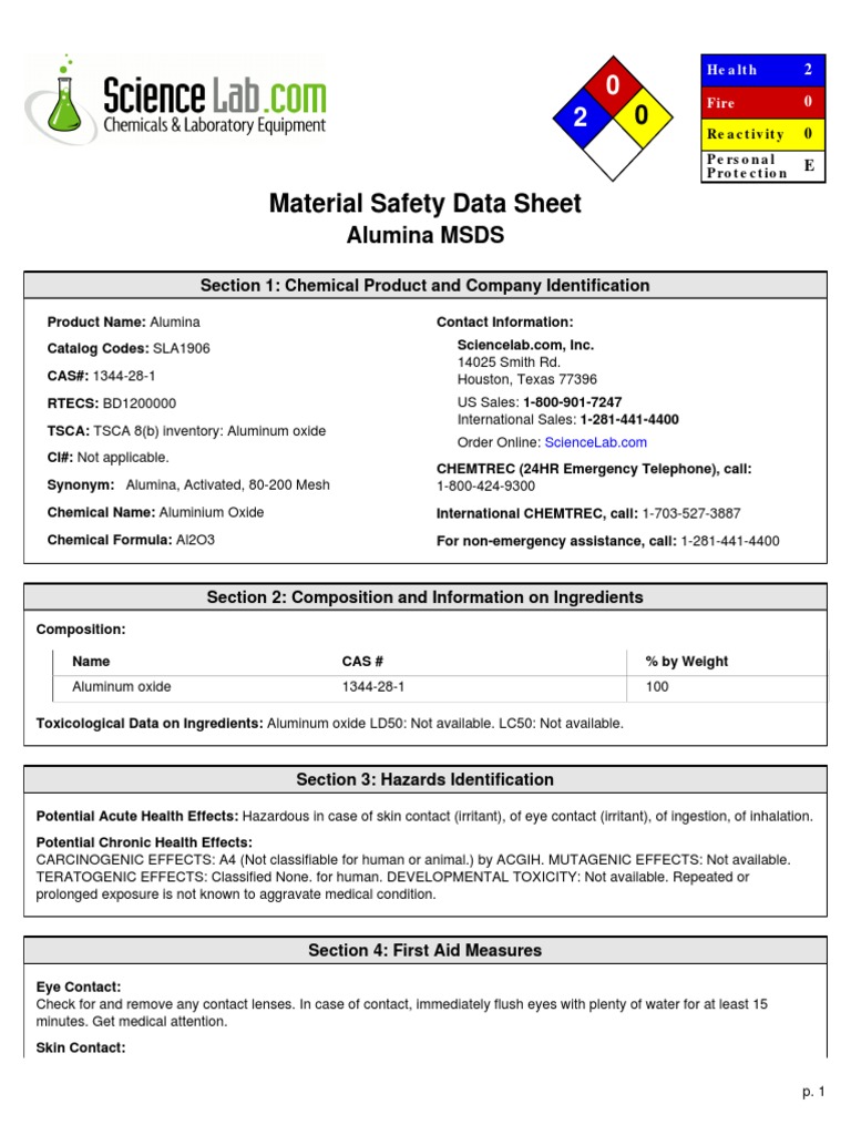 Msds Alumina | PDF | Solubility | Toxicity