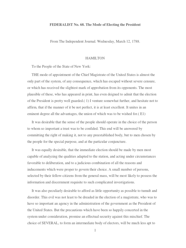 Federalist No 68 | PDF | Government