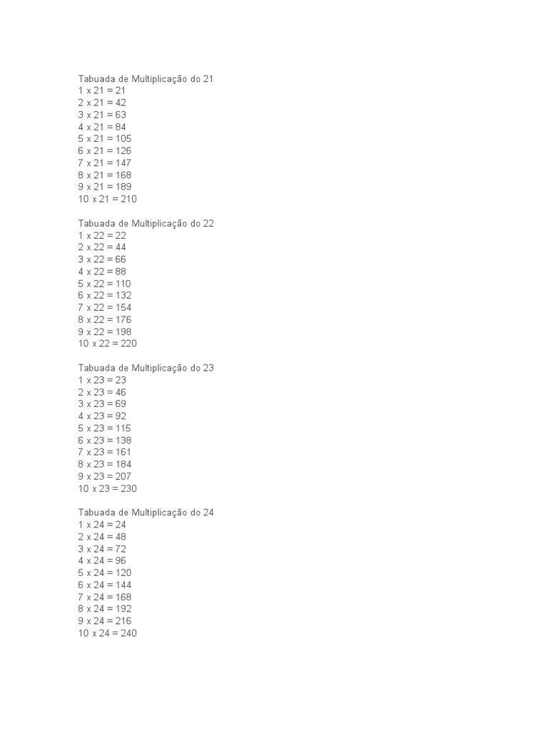 Tabuada de Multiplicação Do 21 Ao 30