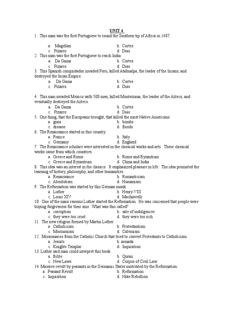 Unit 4 Test | Download Free PDF | Protestant Reformation | Renaissance
