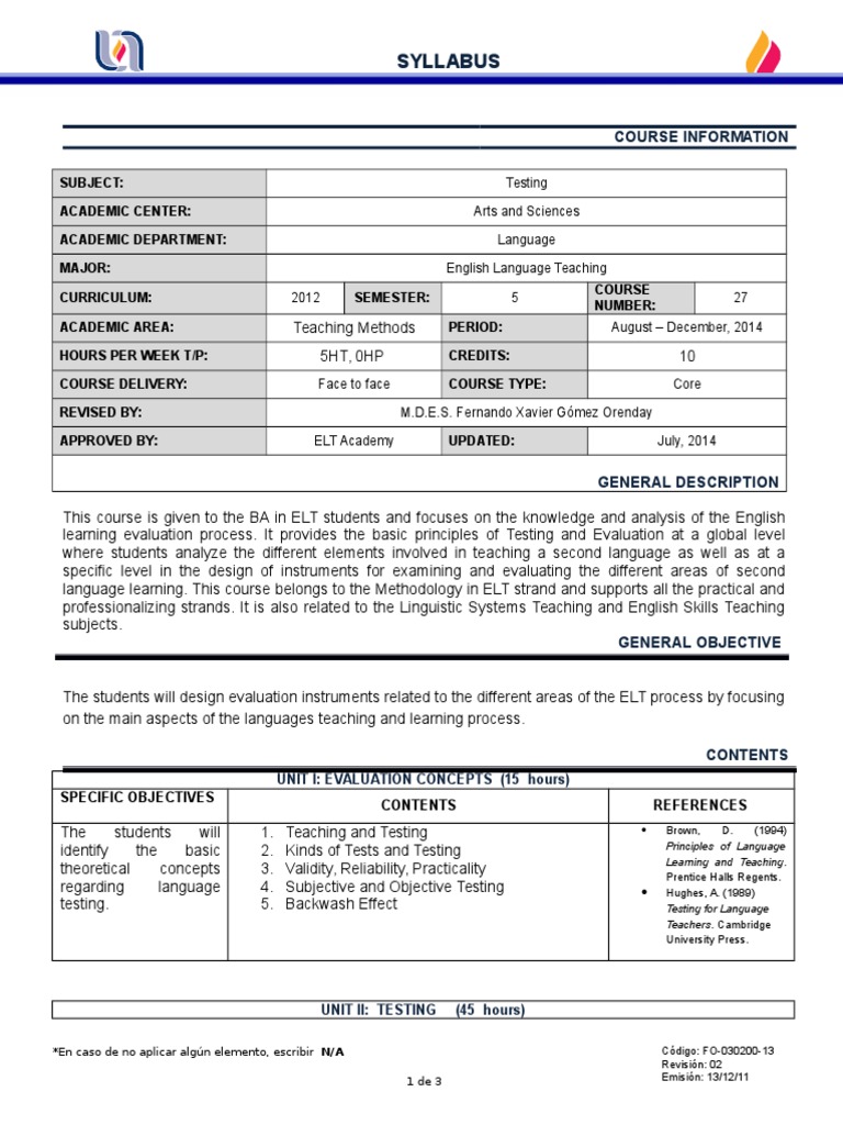 Testing Syllabus 2014 | PDF | Language Education | Evaluation