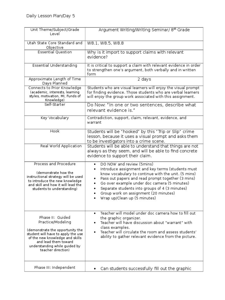 Argument Lesson Day 5 | PDF | Lesson Plan | Quality Of Life