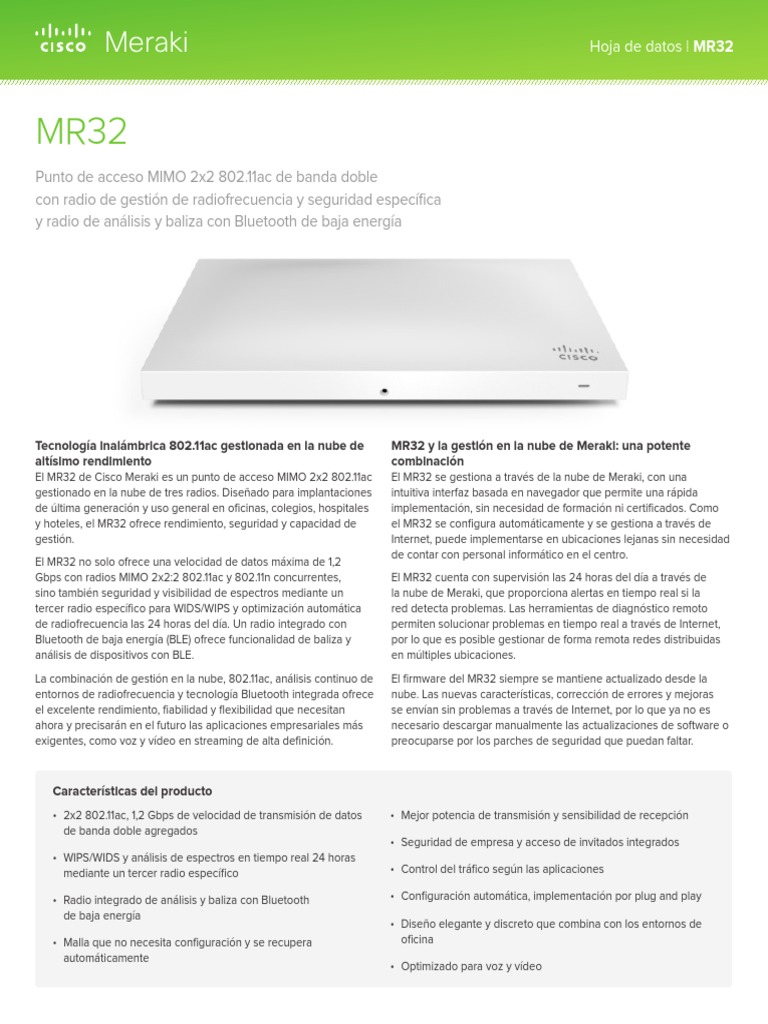 Meraki Datasheet MR32 Es | PDF | Ieee 802.11 | Bluetooth