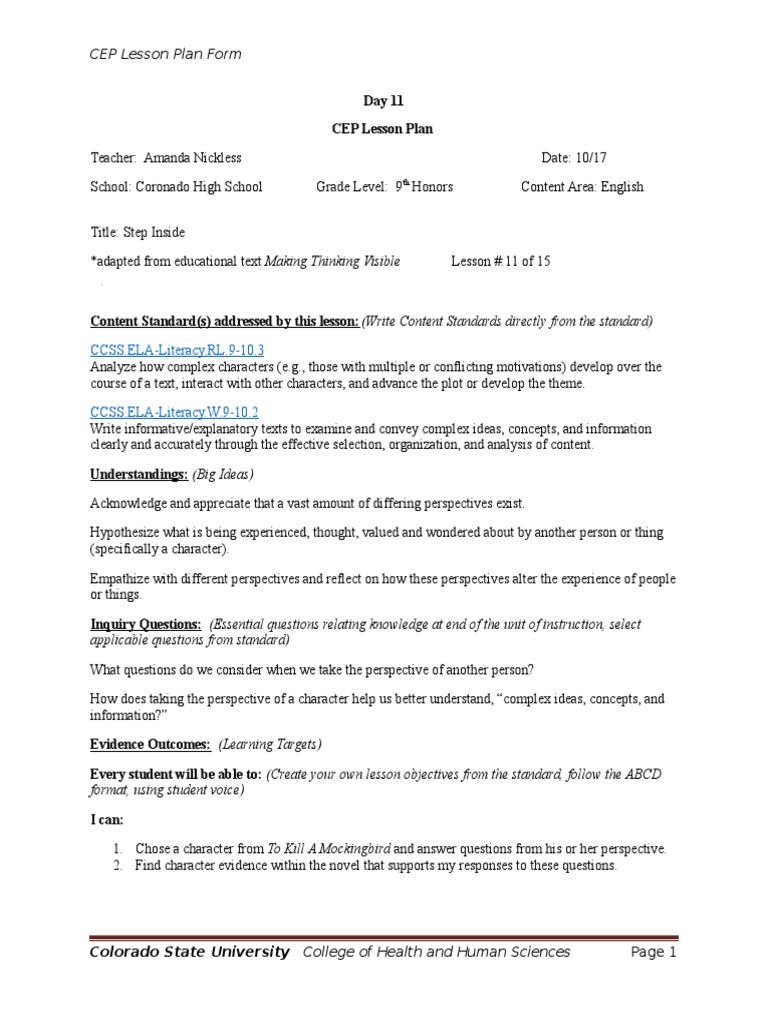 CEP Lesson Plan Form: CCSS - ELA-Literacy - RL.9-10.3 | PDF | Lesson ...