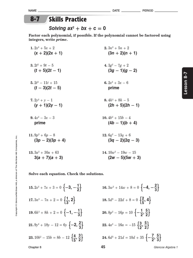 8.7 Skills Practice Key | Factorization | Polynomial