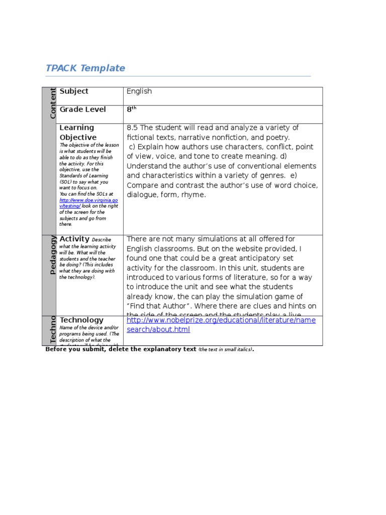 TPACK Template: T Subject | PDF | Education Theory | Pedagogy