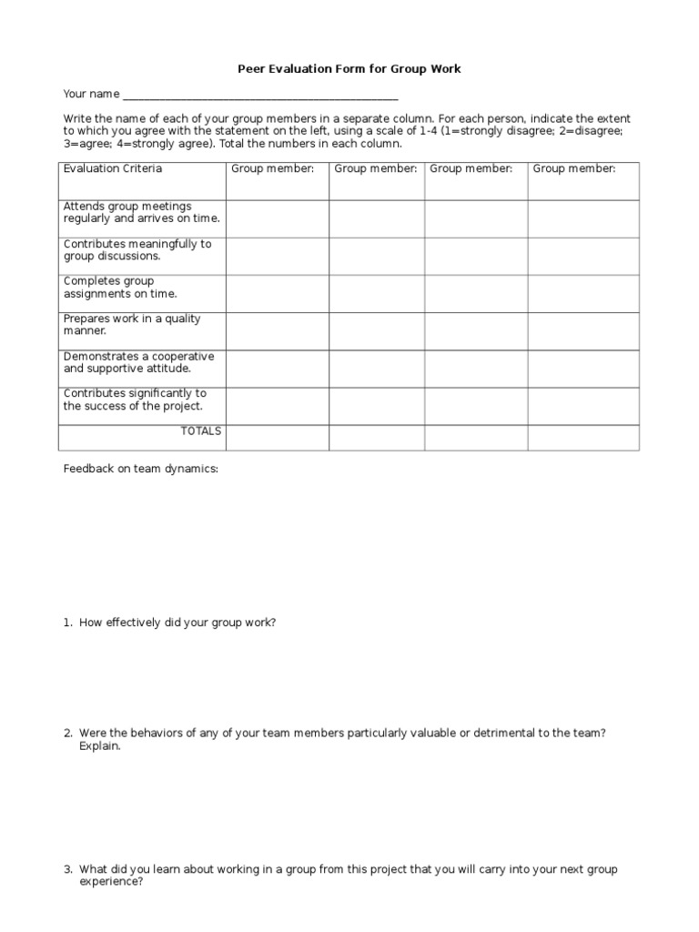 Peer Evaluation Form For Group Work | PDF | Career & Growth