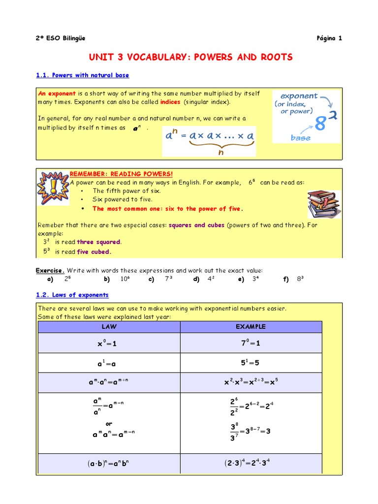 Unit 3 Vocabulary: Powers and Roots: 1.1. Powers With Natural Base ...