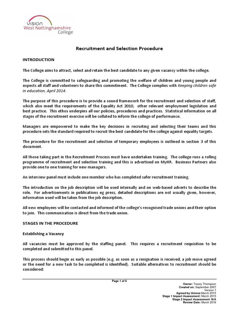 Recruitment and Selection Procedure.pdf | Recruitment | Equal Opportunity