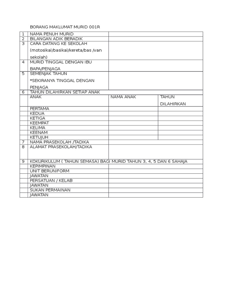Borang Maklumat Murid 001r | PDF