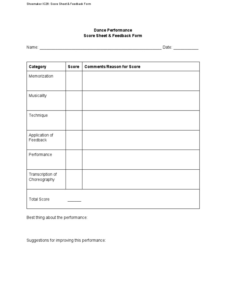 Dance Performance Score Sheet & Feedback Form | PDF