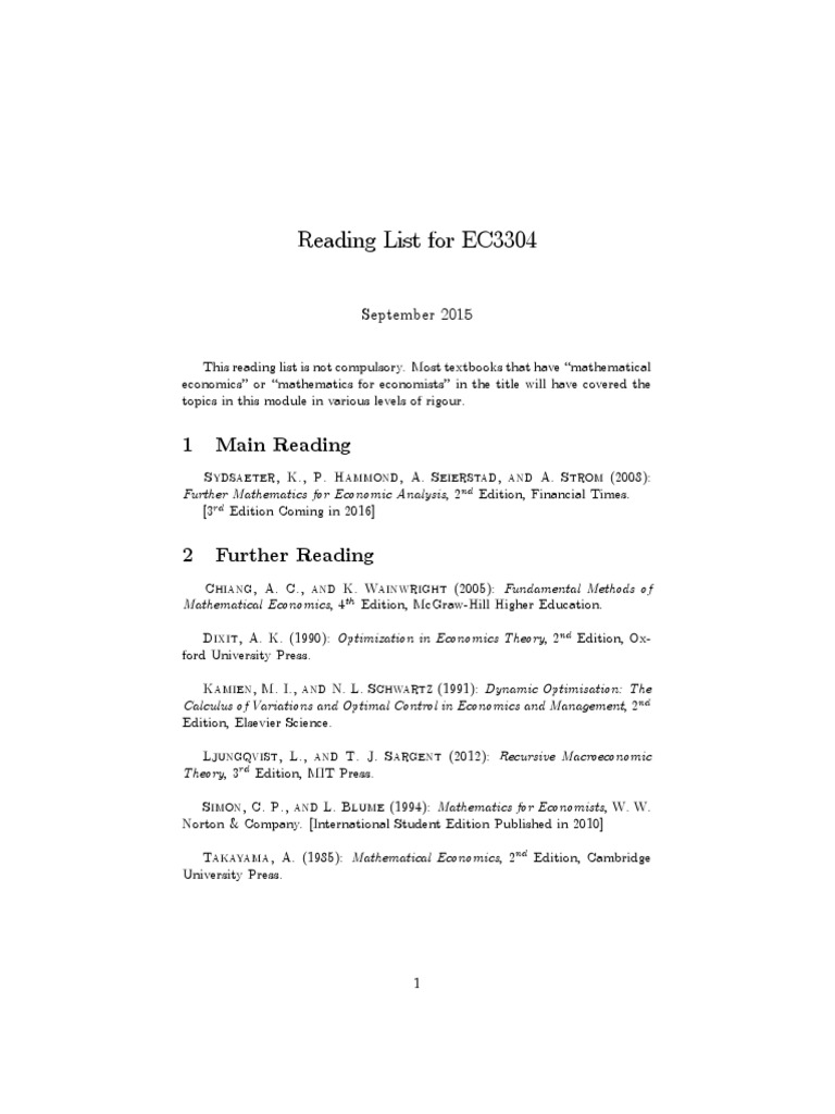 EC3304 Mathematical Economics Reading List | PDF