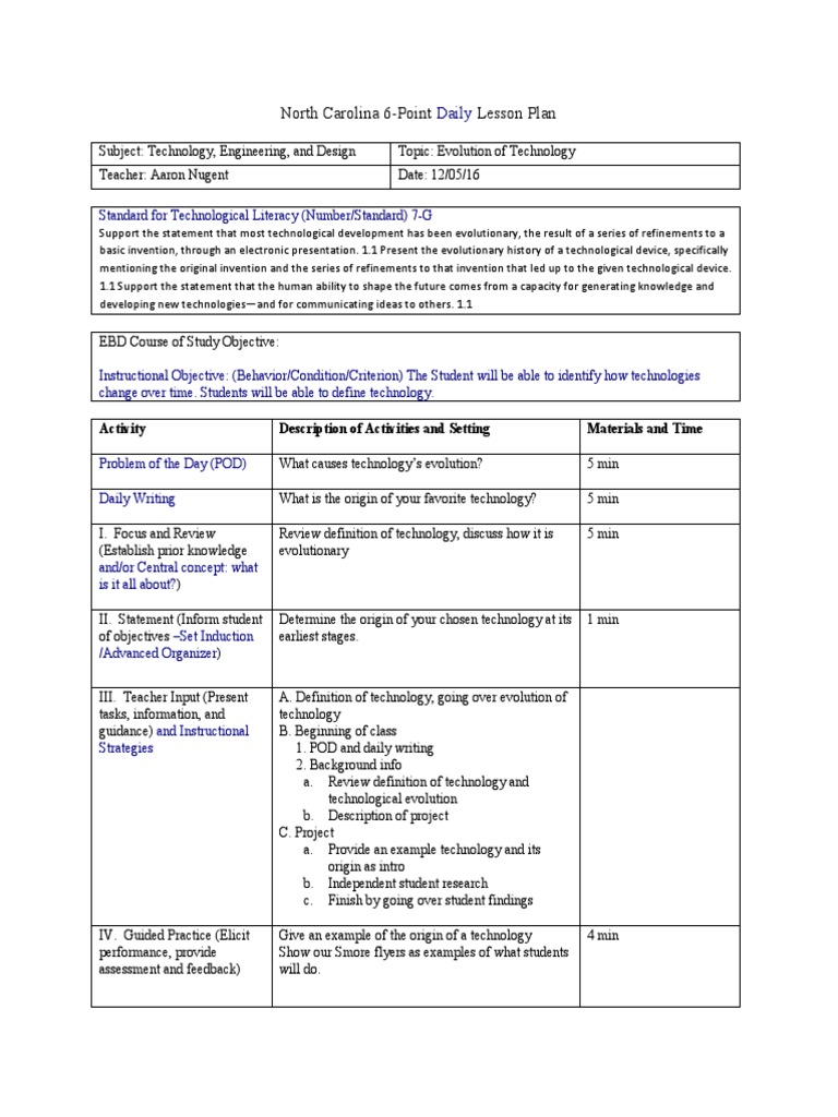 North Carolina 6-Point Lesson Plan: Daily | PDF | Evolution | Design