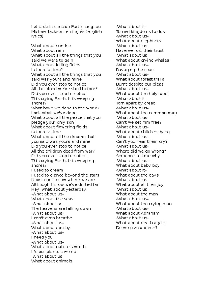 Earth Song Lyrics: English & Spanish | PDF | Leisure | Entertainment ...