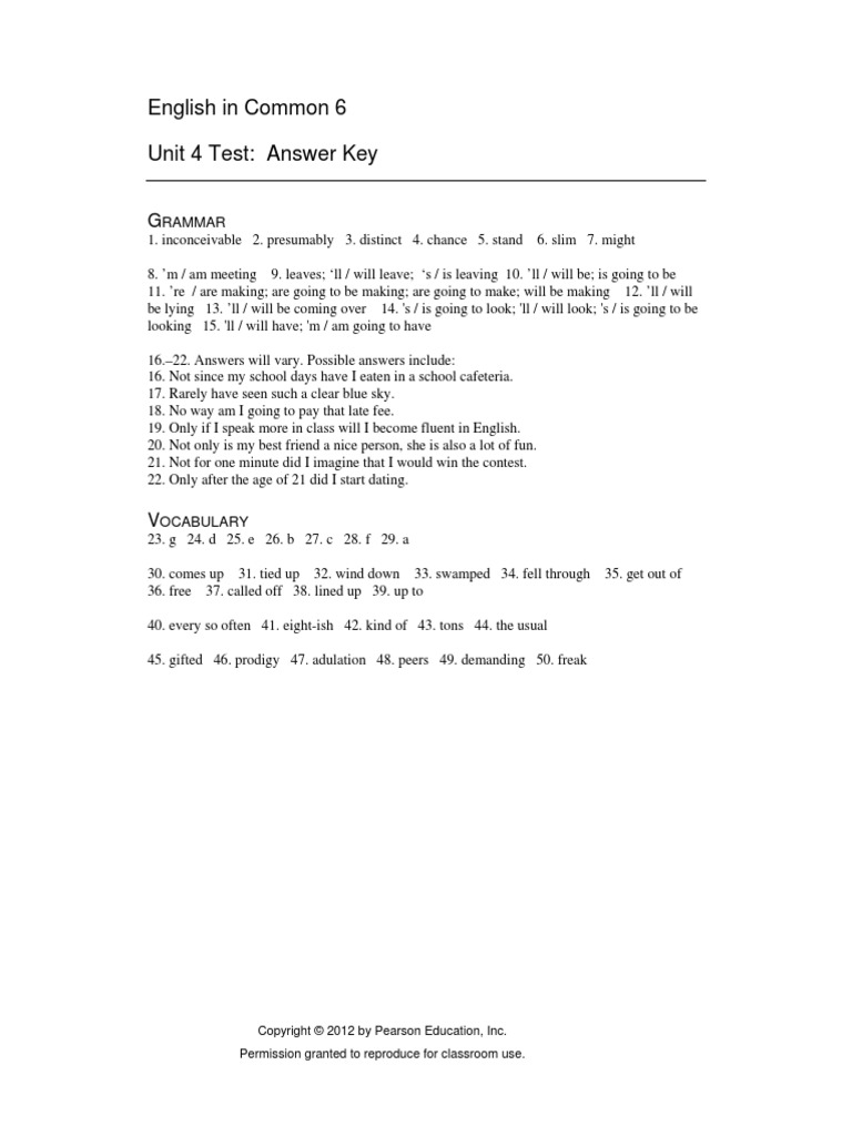 English in Common 6 Unit 4 Test: Answer Key: Permission Granted To ...