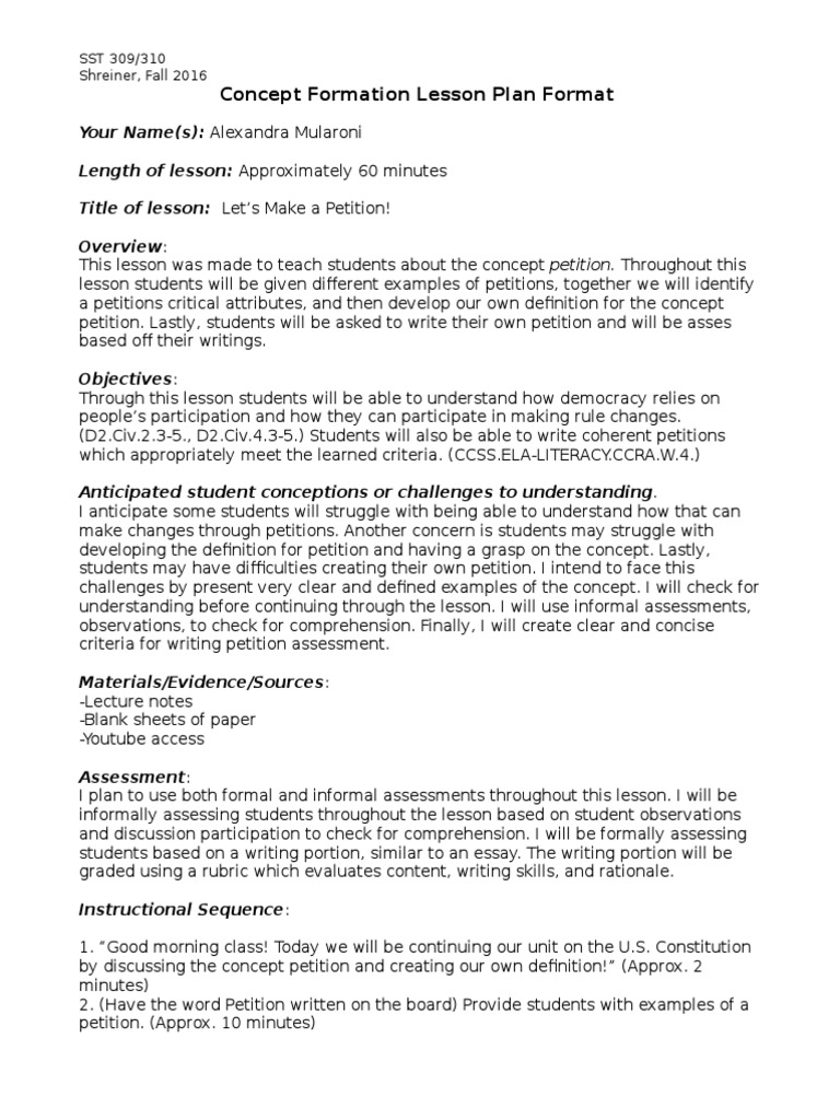 concept formation lesson plan | Educational Assessment | Concept