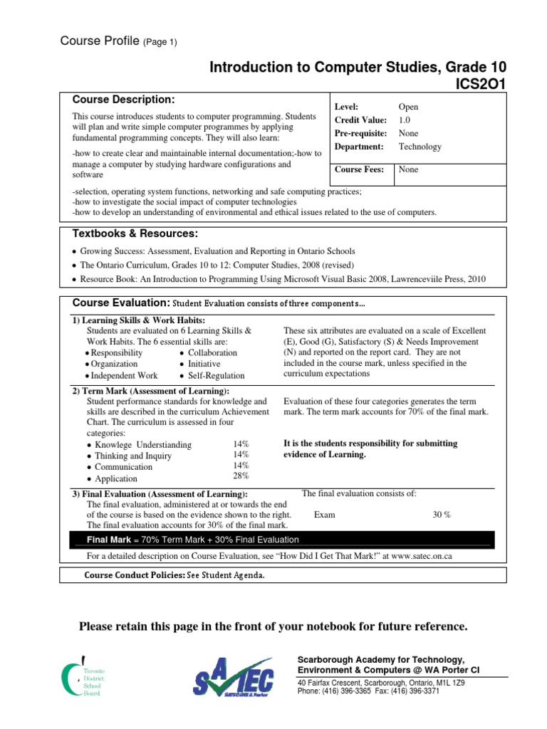 An Introduction to Fundamental Programming Concepts: Course Outline for Grade 10 Computer ...
