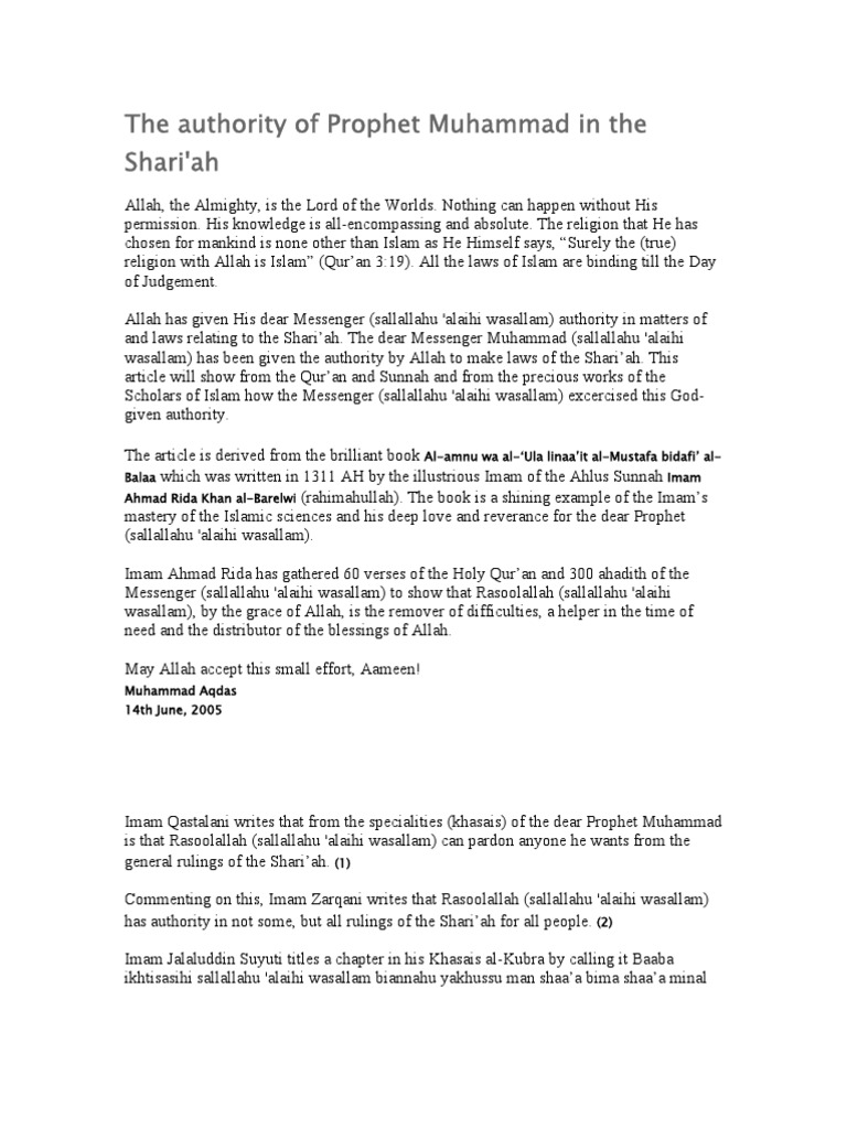 The Authority of Prophet Muhammad Pbuh | PDF | Prophets And Messengers ...