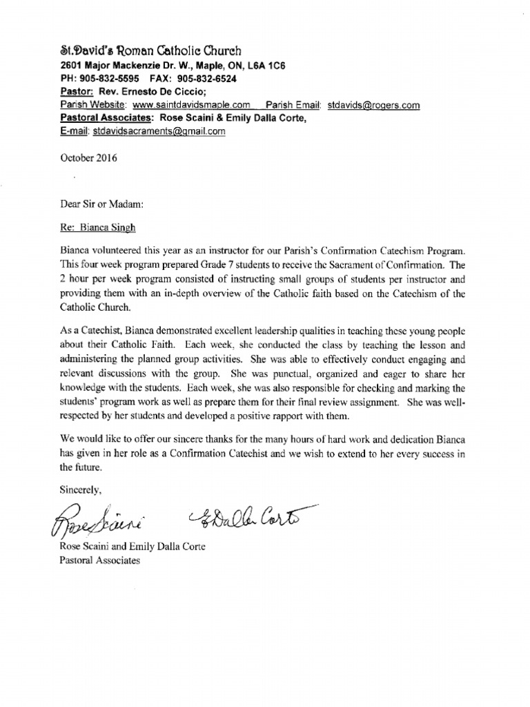 bianca singh catechism reference letter | Catechism | Confirmation