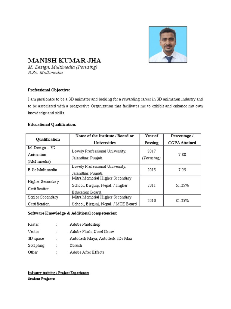 Manish Kumar Jha CV | PDF | 3 D Computer Graphics | Multimedia