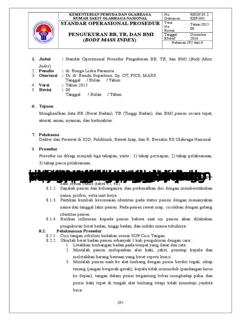 Standar Operasional Prosedur Pengukuran Bb, Tb, Dan Bmi (Body Mass Index)