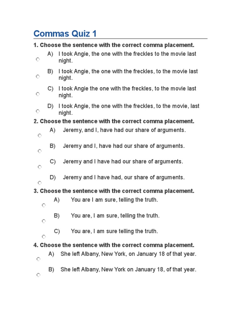 Mastering Comma Usage: A Quiz on Correctly Placing Commas in Sentences ...