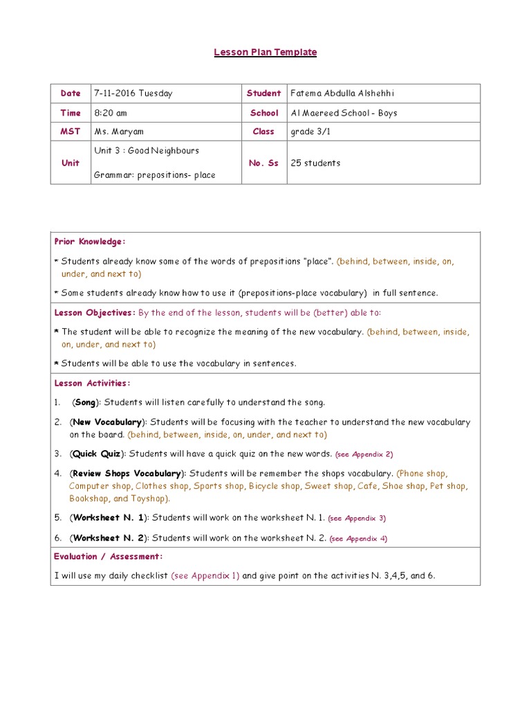Date Student Time School MST Class Unit No. SS: Lesson Plan Template ...
