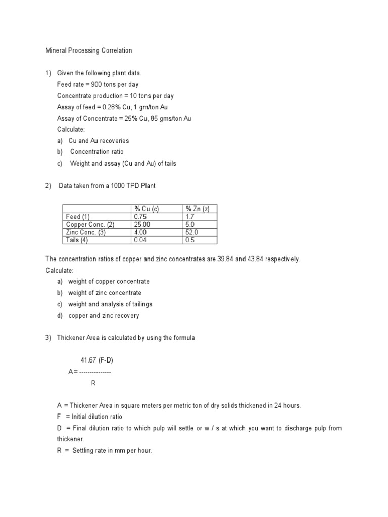 Mineral Processing Problem Set | PDF | Density | Chemistry