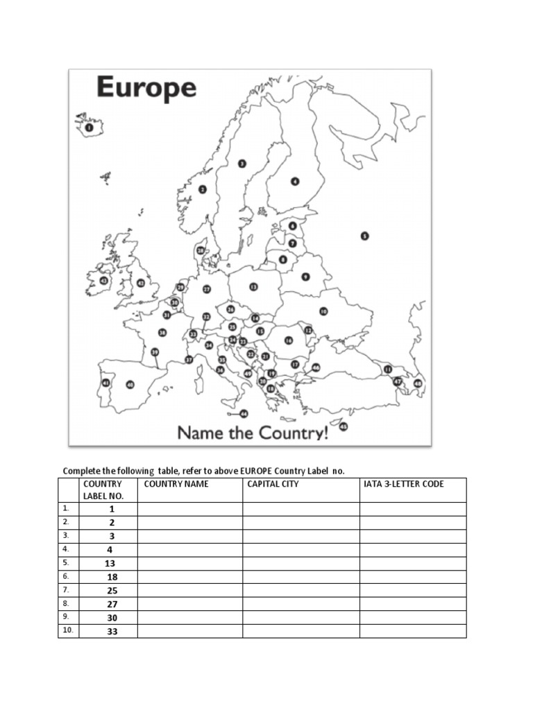 Complete The Following Table, Refer To Above EUROPE Country Label No ...