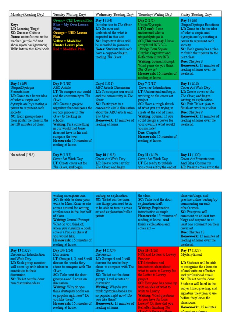Blue My Own Lesson Plan | PDF | The Giver | Homework
